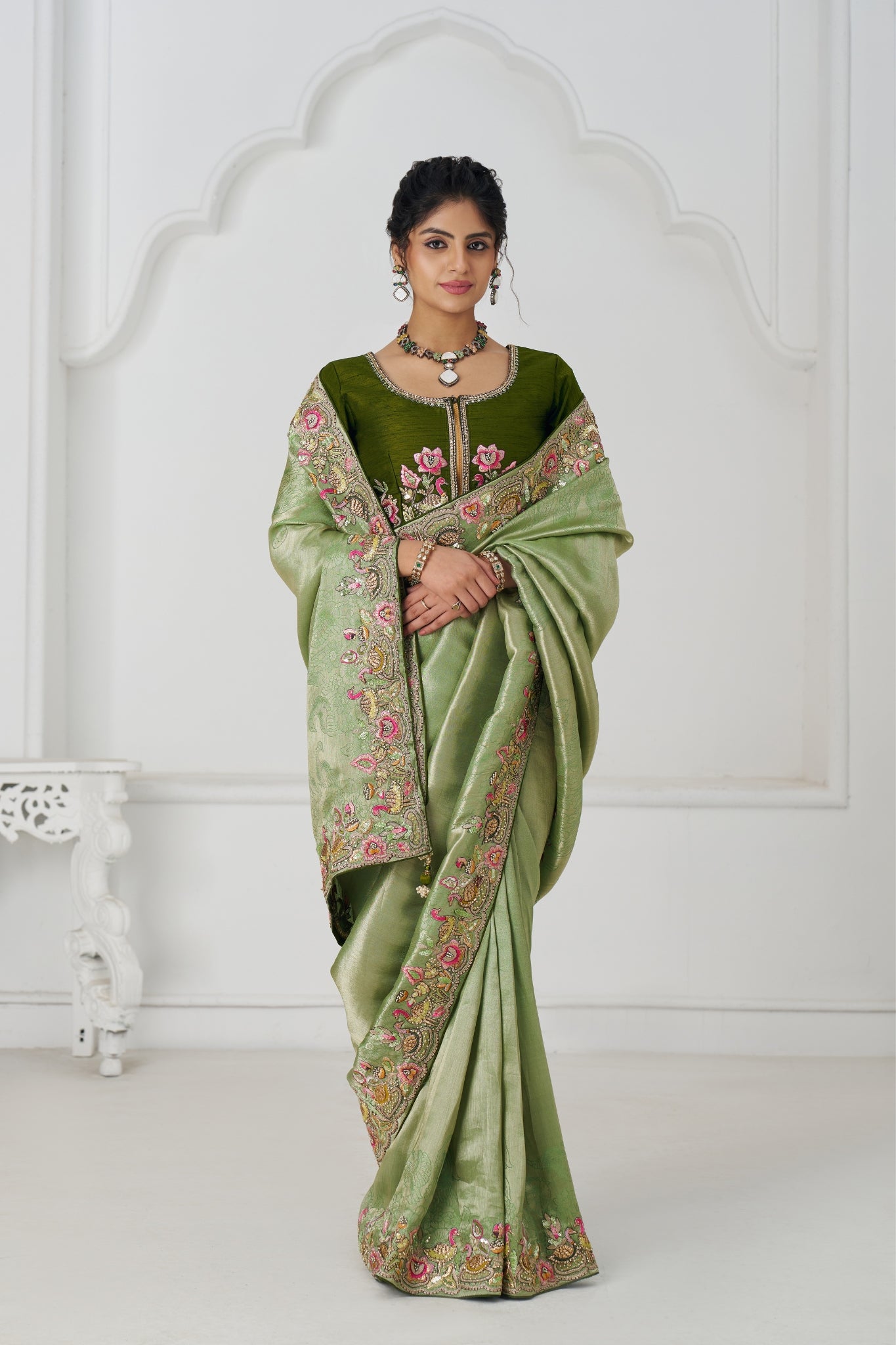 Mehndi Luxury Wedding Saree With Multi-Thread Bead Embroidery & Sequin